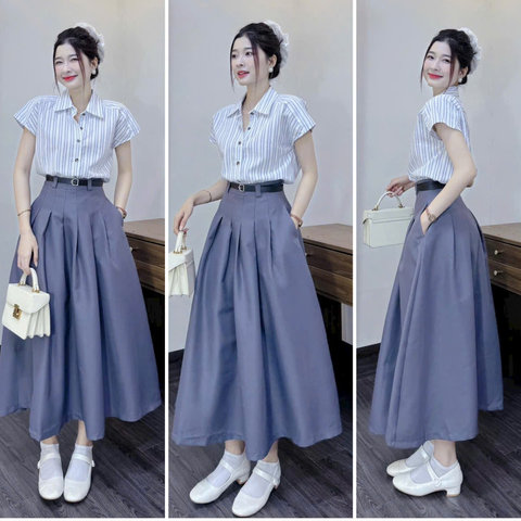 SET ÁO SƠ MI LINEN TAY CON PHỐI CHÂN VÁY KAKI KÈM NỊT BH110R- SAM STORE