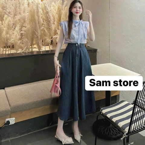 SET ÁO SƠ MI KATE CỔ CÁCH ĐIỆU PHỐI CHÂN VÁY DENIM KÈM NỊT BH110R-SAM STORE